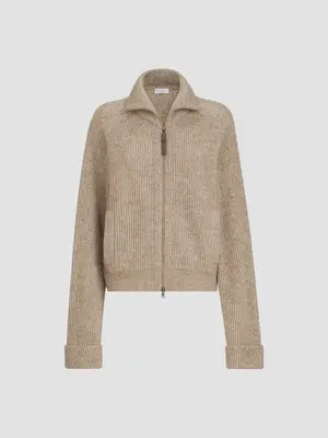 Brunello Cucinelli Sparkling Cashmere, Mohair And Wool Ribbed Cardigan With Shiny Zipper Pull - Light Brown