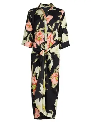 UNGARO Iris Floral Tie-waist Shirtdress - Black Multi