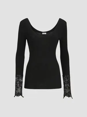 Brunello Cucinelli Ribbed Wool Jersey Sweater With Dazzling Lace Embroidery Cuffs - Anthracite