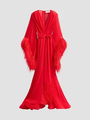 BRONX BANCO Geisha Ostrich Feather-trim Gown - Flame