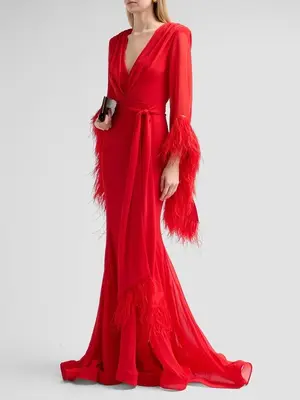 BRONX BANCO Geisha Ostrich Feather-trim Gown - Flame