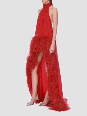 BRONX BANCO Halter Neck Feather-hem Chiffon Gown