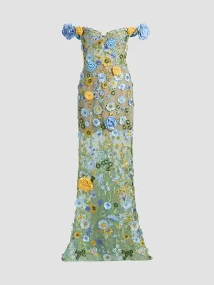 BRONX BANCO Portofino Floral Applique Off-the-shoulder Gown - Blue Multi
