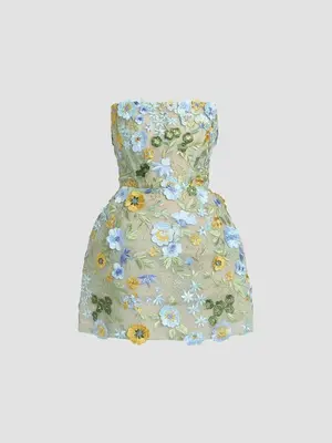 BRONX BANCO Jasmine Maraya Floral Appliqué Strapless Minidress