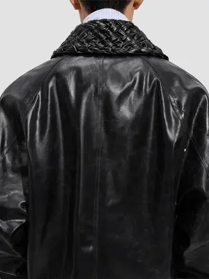Bottega Veneta Crackled Intrecciato Collar Leather Jacket