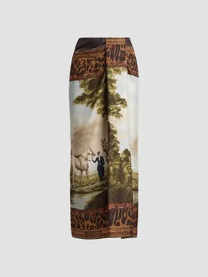 Ralph Lauren Debbie Silk Scenic Midi Skirt - Tan Multi