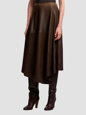 Ralph Lauren Cecilie Distressed Leather A-line Midi Skirt