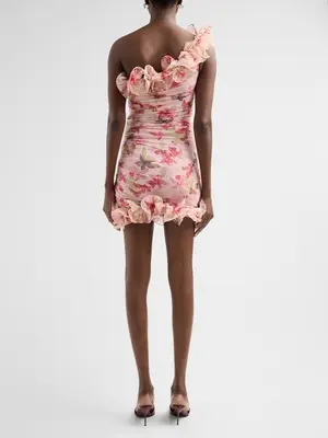 PatBO Orchid Bloom One-shoulder Chiffon Mini Dress