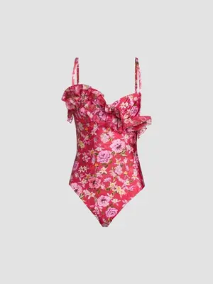 PatBO Peony Print Ruffled Swimsuit