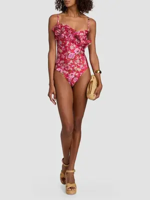 PatBO Peony Print Ruffled Swimsuit