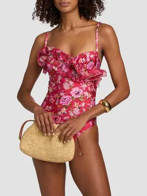 PatBO Peony Print Ruffled Swimsuit