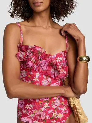 PatBO Peony Print Ruffled Swimsuit