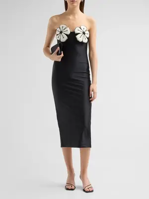 PatBO Midnight Bloom Embroidered Floral Strapless Midi Dress