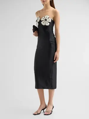 PatBO Midnight Bloom Embroidered Floral Strapless Midi Dress
