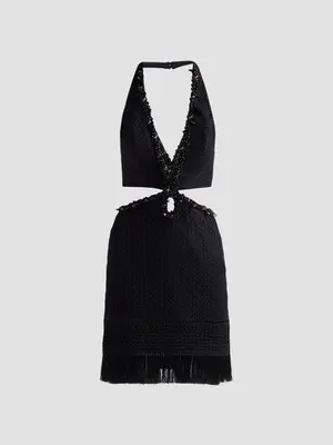 PatBO Ayla Plunge Beaded Fringe Mini Dress