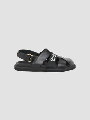Moschino Logo Leather Buckle Sandals - Black