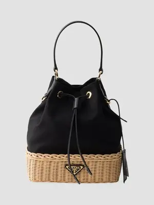 Prada Wicker And Canvas Bucket Bag - Black