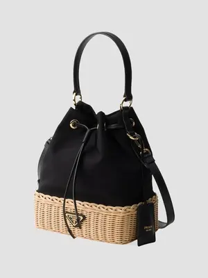 Prada Wicker And Canvas Bucket Bag - Black