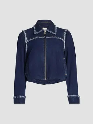 Cinq À Sept Indria Denim Fringe Crop Bomber Jacket