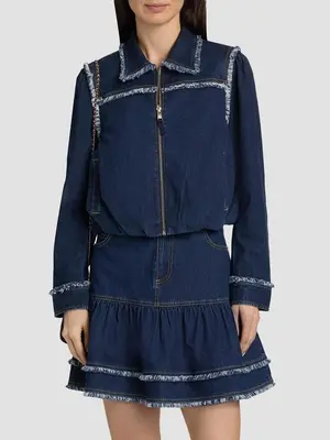 Cinq À Sept Indria Denim Fringe Crop Bomber Jacket