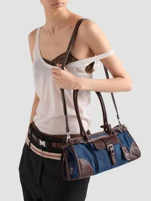 Prada Bonnie Medium Denim And Leather Top Handle Bag