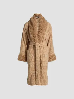 Versace Faux Fur-trim Logo Terry Bathrobe - Camel