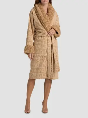Versace Faux Fur-trim Logo Terry Bathrobe - Camel