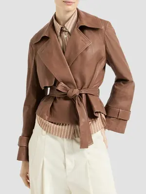 Brunello Cucinelli Vintage Nappa Leather Cropped Trench With Monili