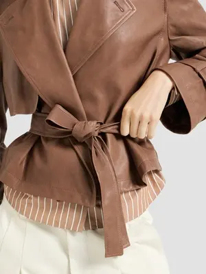 Brunello Cucinelli Vintage Nappa Leather Cropped Trench With Monili