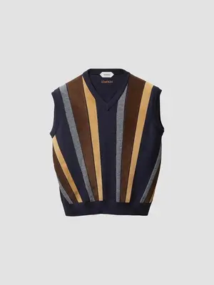 Versace Striped Leather Patchwork Sleeveless Virgin Wool Vest