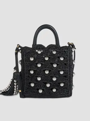 Rabanne Embellished Raffia Top Handle Bag - Black Silver