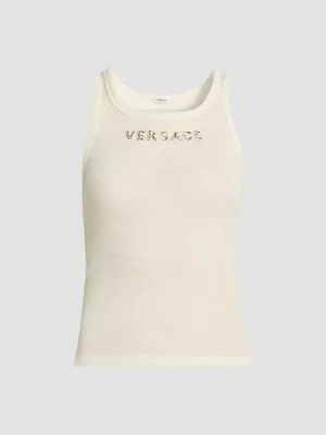 Versace La Vacanza Crystal Logo Rib-knit Tank - Cream