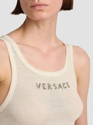 Versace La Vacanza Crystal Logo Rib-knit Tank