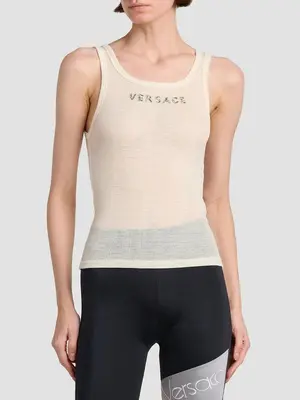 Versace La Vacanza Crystal Logo Rib-knit Tank