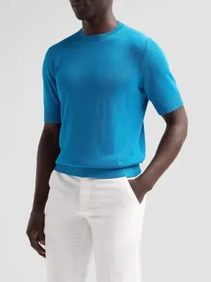 Isaia Silk-linen Knit Short-sleeve Crewneck Shirt - Blue