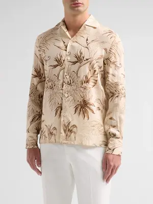 Isaia Palm-print Linen Camp Shirt