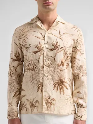 Isaia Palm-print Linen Camp Shirt