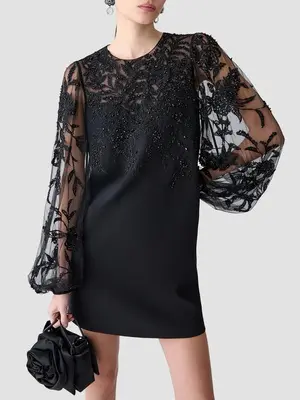 Carolina Herrera Embellished Lace Puff-sleeve Cocktail Dress