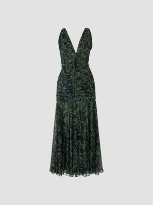 Carolina Herrera Gathered V-neck Midi-dress - Midnight Multi