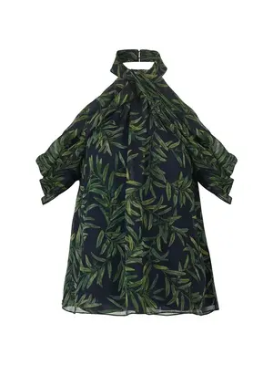 Carolina Herrera Leaf-print Draped Halterneck Off-the-shoulder Blouse