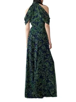 Carolina Herrera Leaf-print Draped Halterneck Off-the-shoulder Blouse