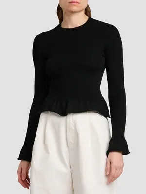 JIL SANDER Wool Flared-trim Slim-fit Crewneck Sweater - Black