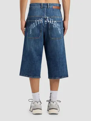 Palm Angels Curved Logo Denim Skater Shorts