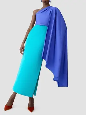 Carolina Herrera Colorblocked Silk Draped Shoulder Sheath Gown