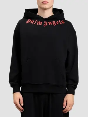 Palm Angels Logo Neck Cotton Hoodie - Black Red