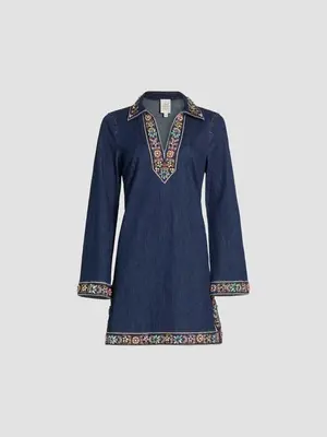 Cinq À Sept Pierson Beaded Embellished Denim Mini-shirtdress