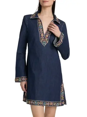 Cinq À Sept Pierson Beaded Embellished Denim Mini-shirtdress