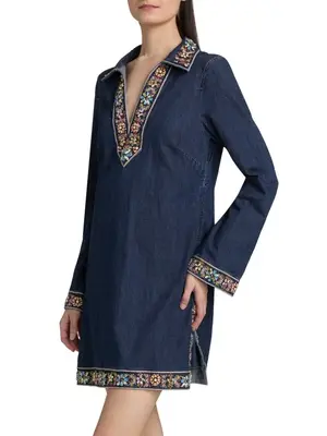 Cinq À Sept Pierson Beaded Embellished Denim Mini-shirtdress