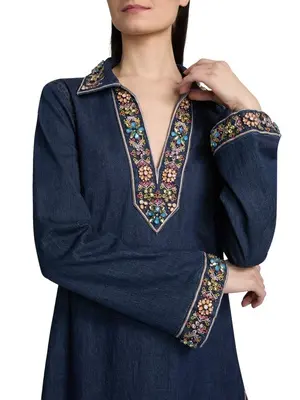 Cinq À Sept Pierson Beaded Embellished Denim Mini-shirtdress