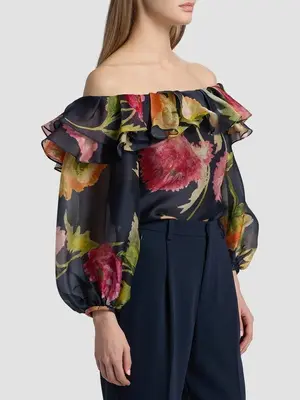 Carolina Herrera Floral Silk Organza Puff-sleeve Blouse